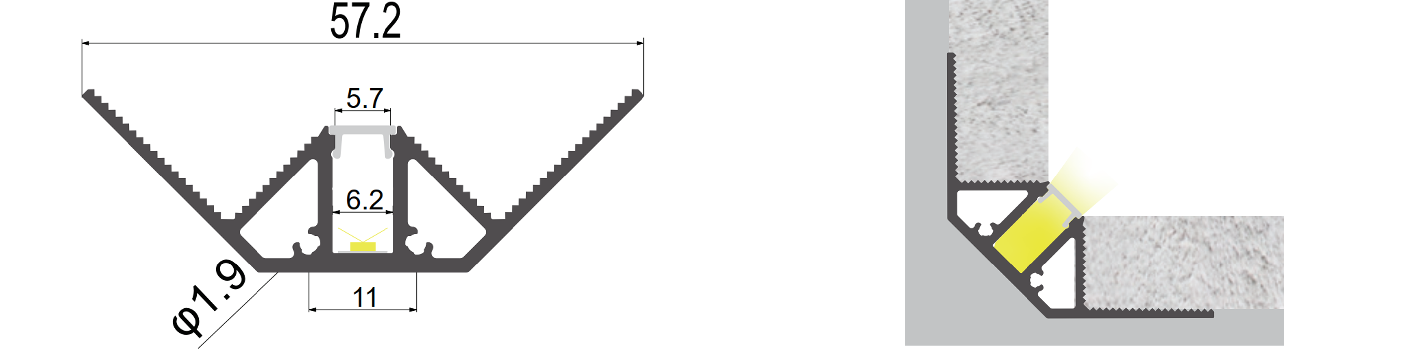 2M Internal Corner Trimless Aluminium Profile